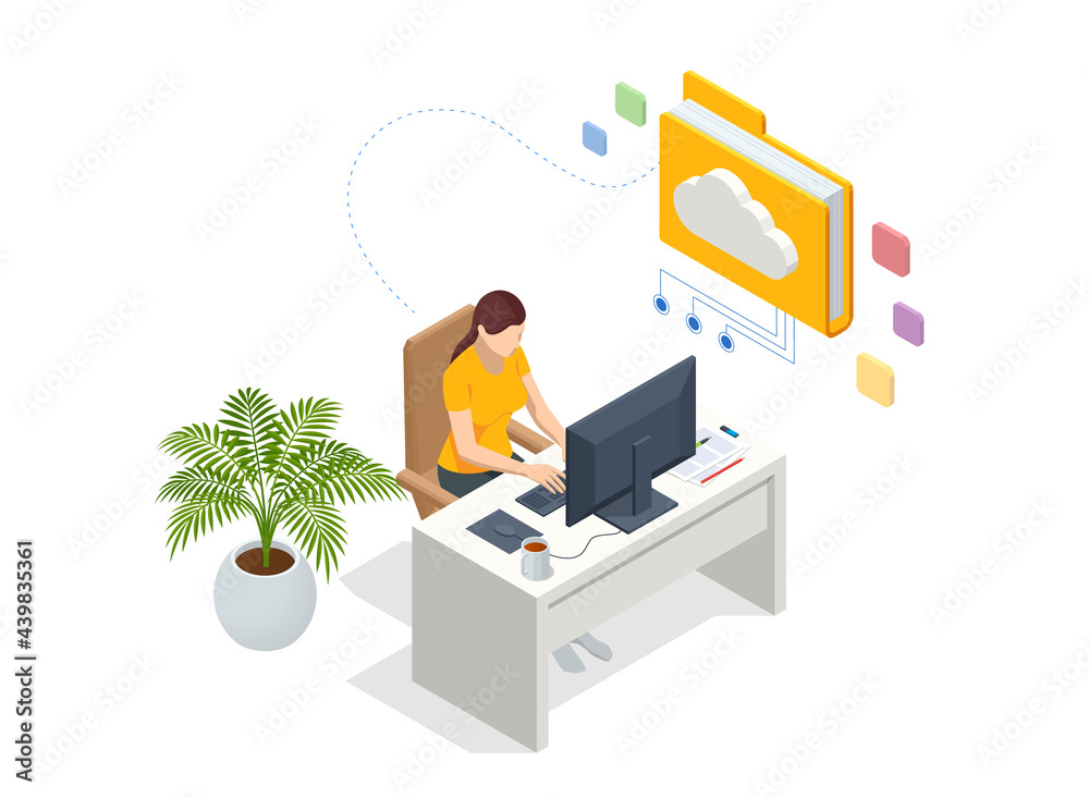 Stock-Vektorgrafik „Isometric Cloud Technology. Woman Working From Home ... Stock-Vektorgrafik „Isometric Cloud Technology. Woman Working From Home ...