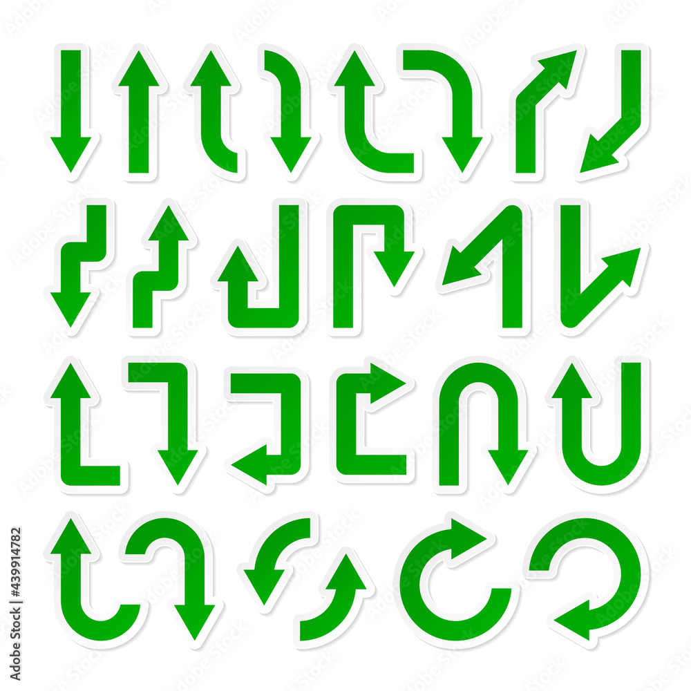 Colorful arrow stickers set. Green pointers collection. Simple arrows ...