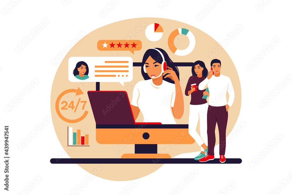 Customer service concept. Woman with headphones and microphone with ...
