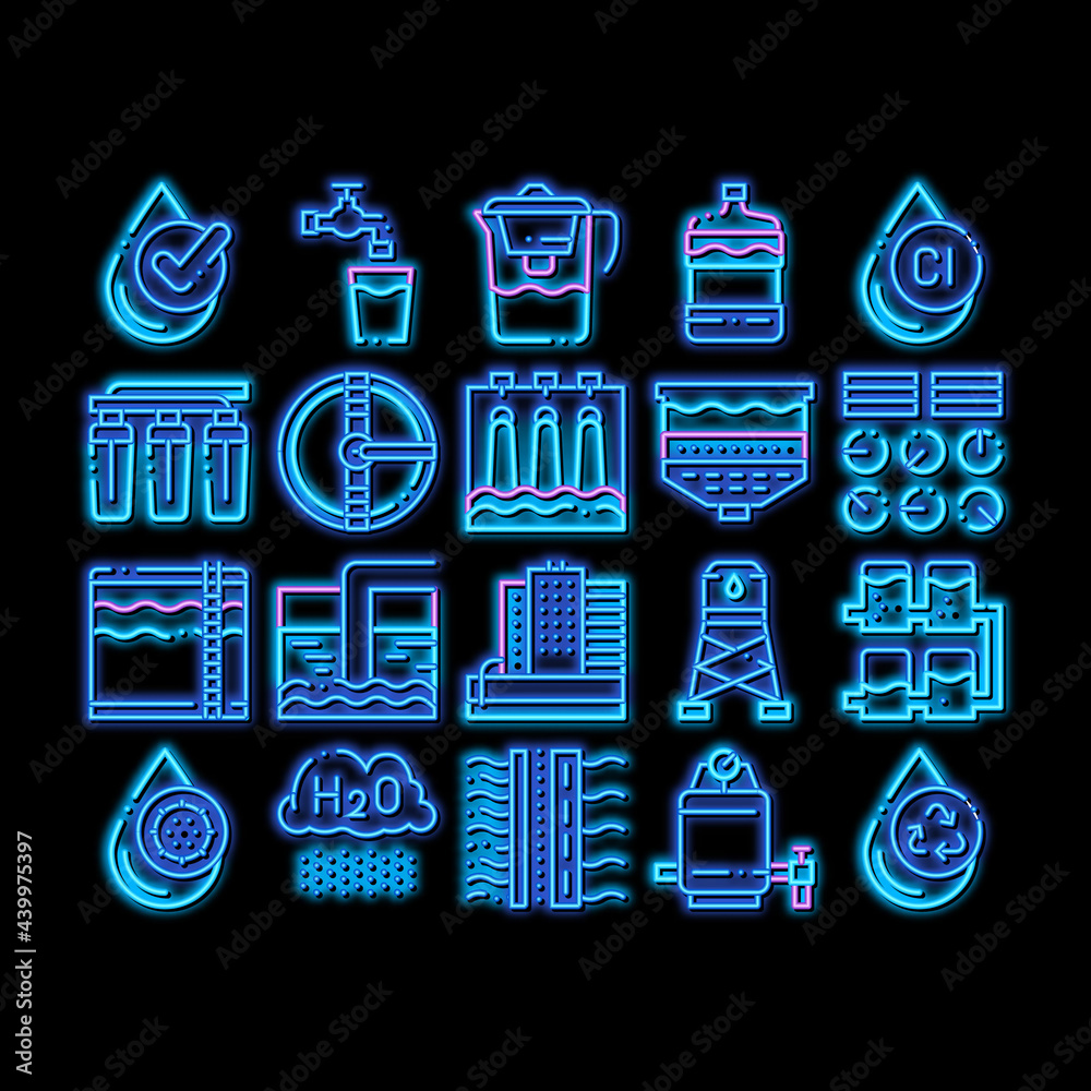 Water Treatment Items neon light sign vector. Glowing bright icon ...
