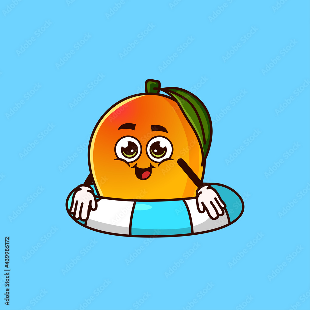 Vektor Cute Mango fruit character with swim ring float. Fruit summer ...