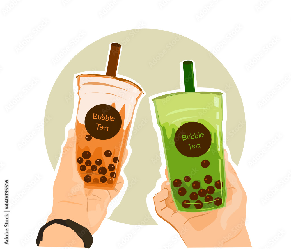 Two hands are holding a bubble teacup. Boba tea, a popular Asian sweet ...