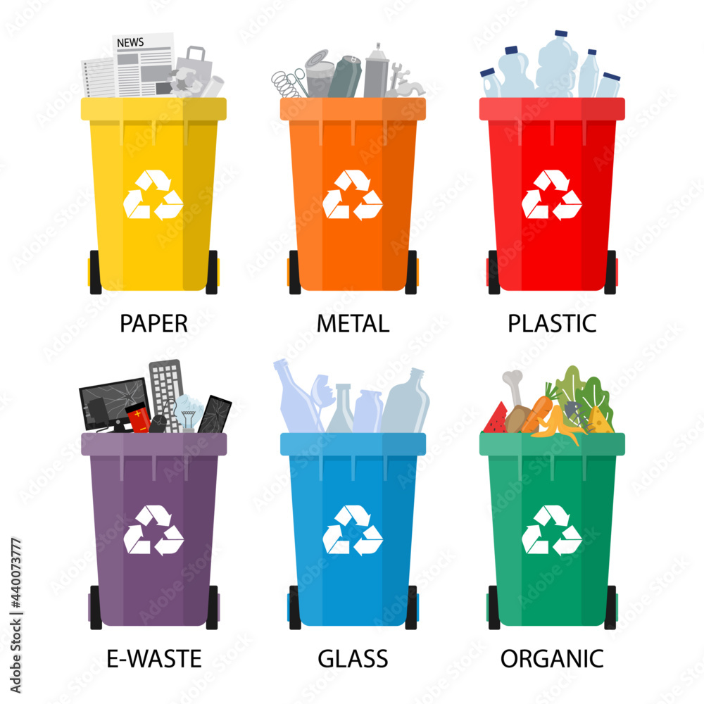 Colored waste bins with trash. Bin type isolated on white background ...