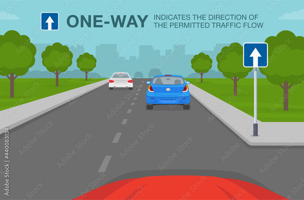 Driving a car. One-way road or traffic sign indicates the direction of ...