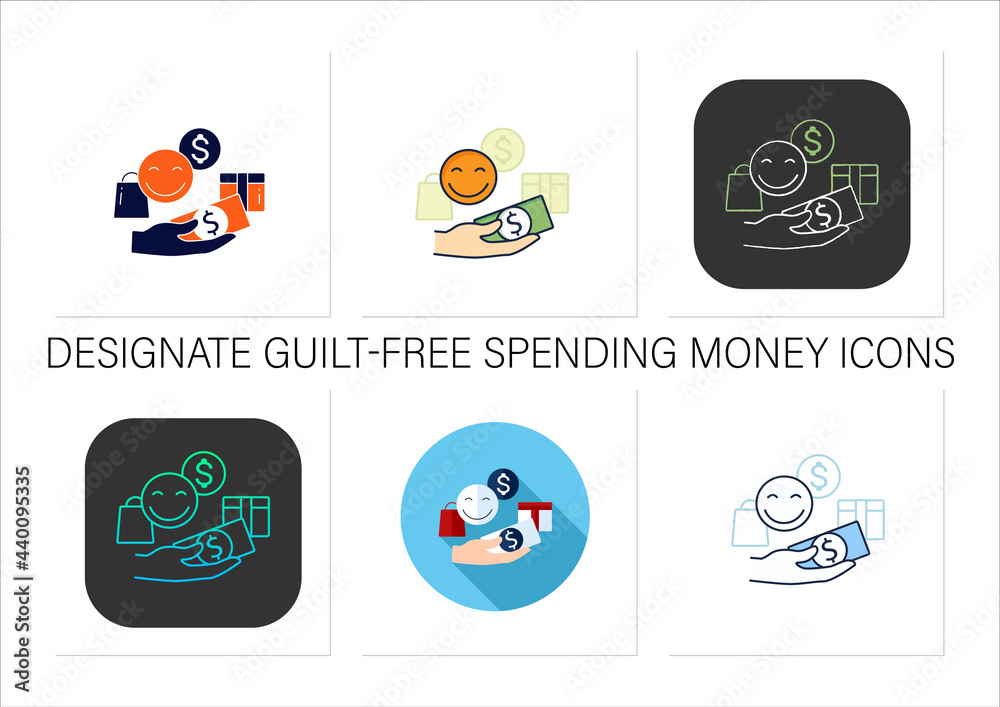 Designate guilt-free spending money icons set.Hand holds money.Happy ...