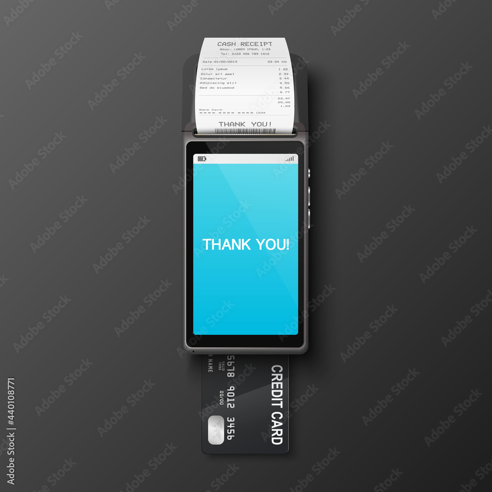 Vector 3d Realistic Payment Machine, Receipt, Plastic Credit Card. POS ...
