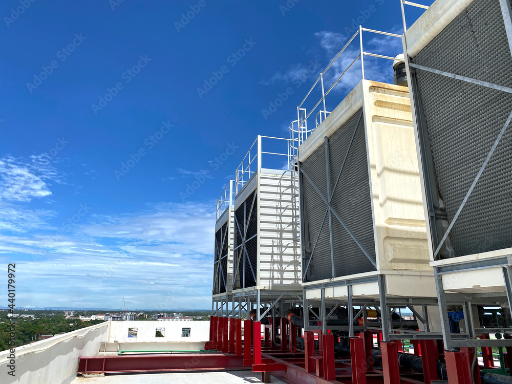 Install a cooling tower and piping system on the rooftop Stock Photo ...