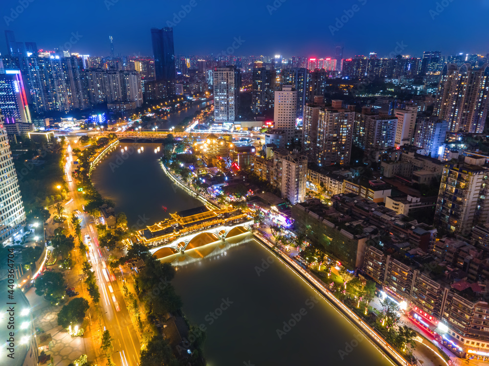Aerial photography of modern buildings in Chengdu city center at night ...