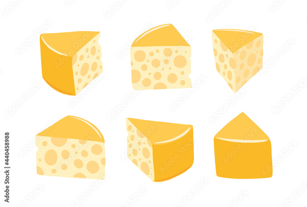 Pieces of cheese infographics. Cut whole cheese and its slice parts ...