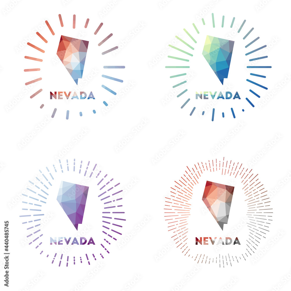 Nevada low poly sunburst set. Logo of US state in geometric polygonal ...