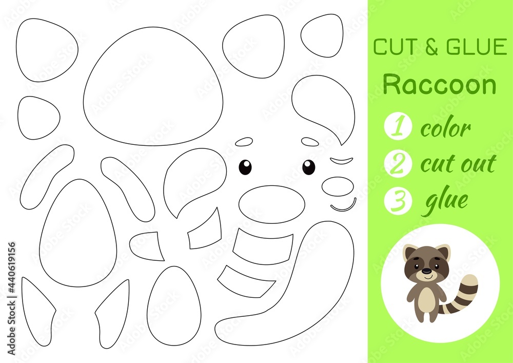 Color, cut and glue paper little raccoon. Cut and paste crafts activity ...