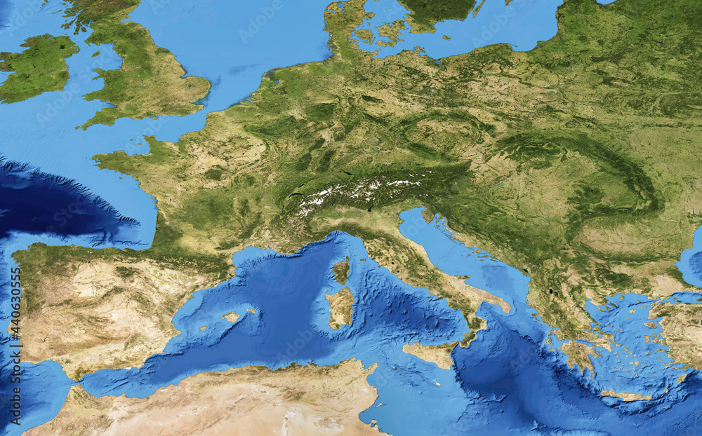 Europe view from space, detailed map in satellite photo. Elements of ...
