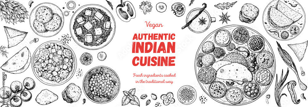 Indian food illustration. Hand drawn sketch. Indian cuisine. Vector ...