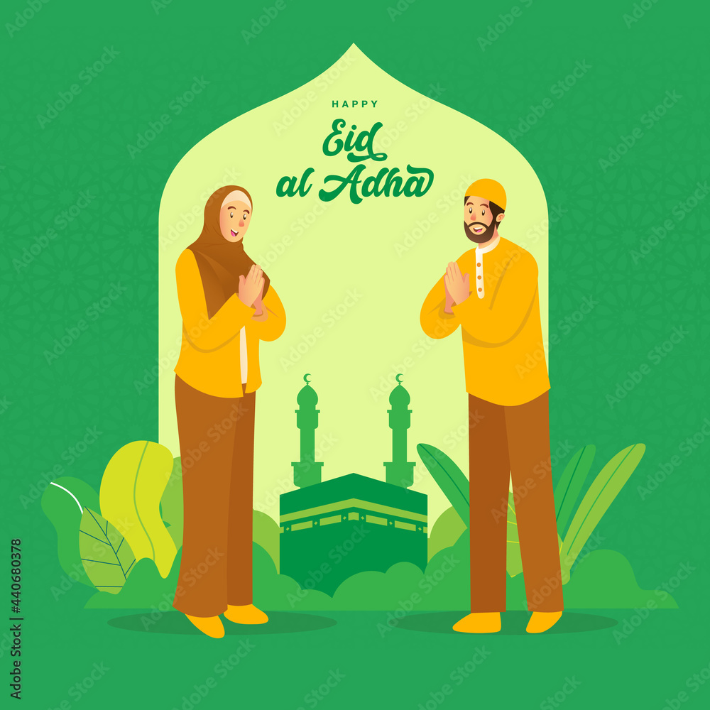 Eid al Adha greeting card. cartoon arab couple celebrating Eid al Adha ...