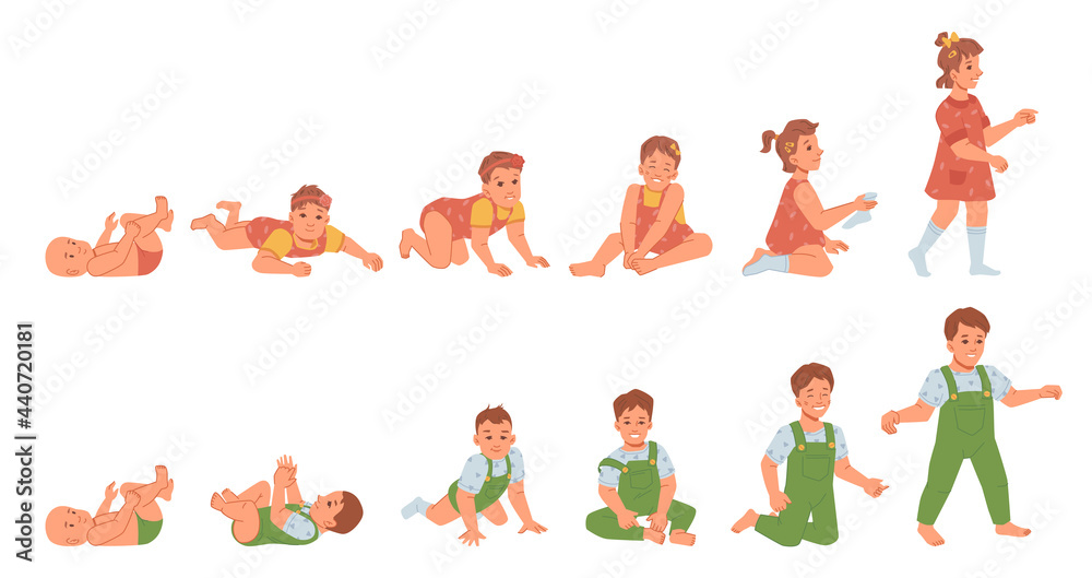 Growing baby boy and girl, development of male and female infant. From ...