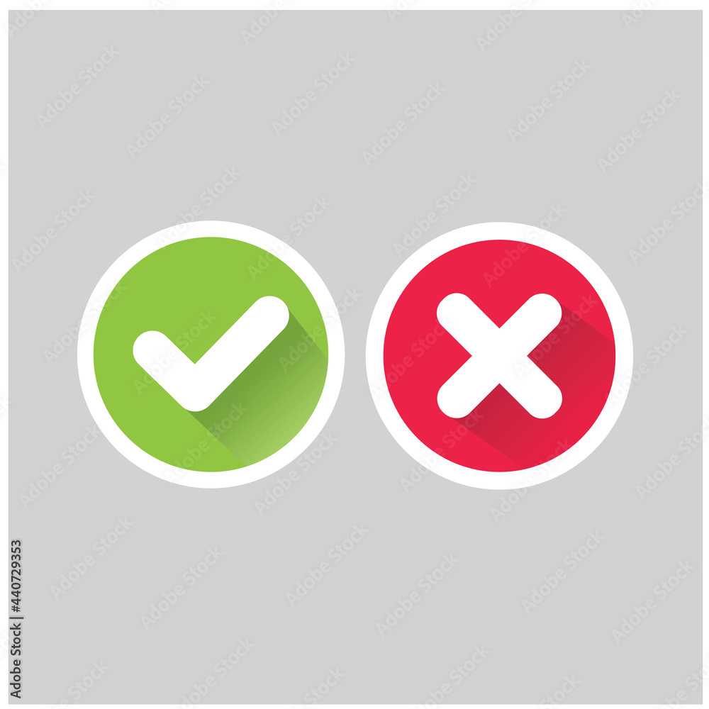 Red and green check mark stickers. Validation icon. Tick and cross ...