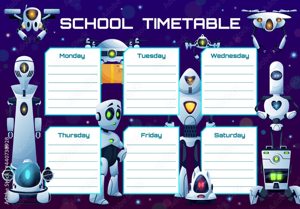 Humanoid robots and androids school timetable vector template. Weekly ...
