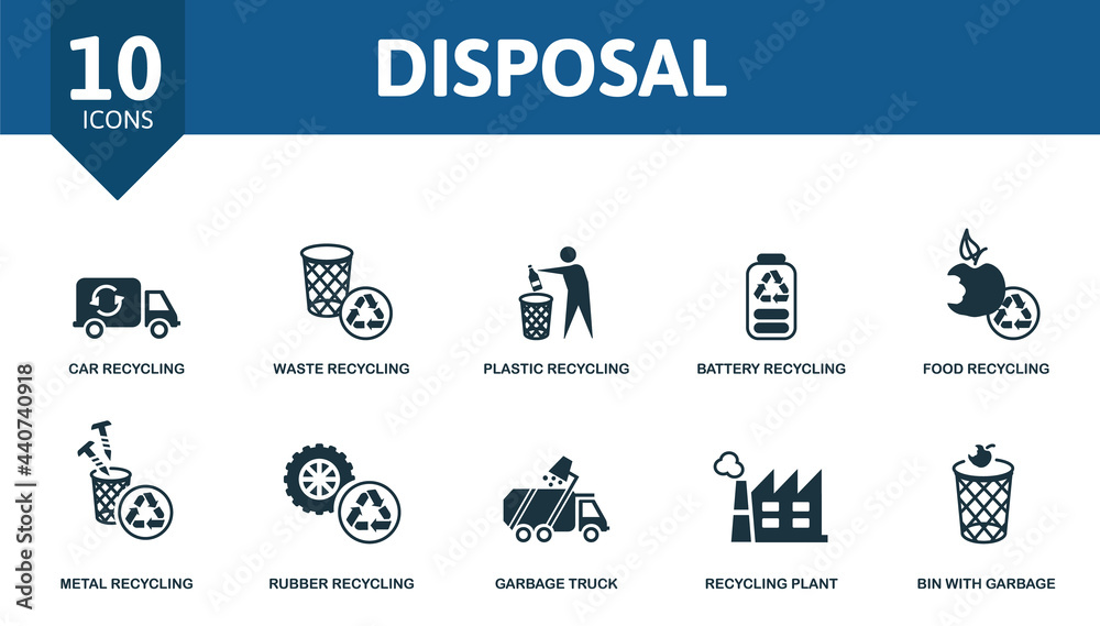 Disposal icon set. Contains editable icons recycling theme such as car ...