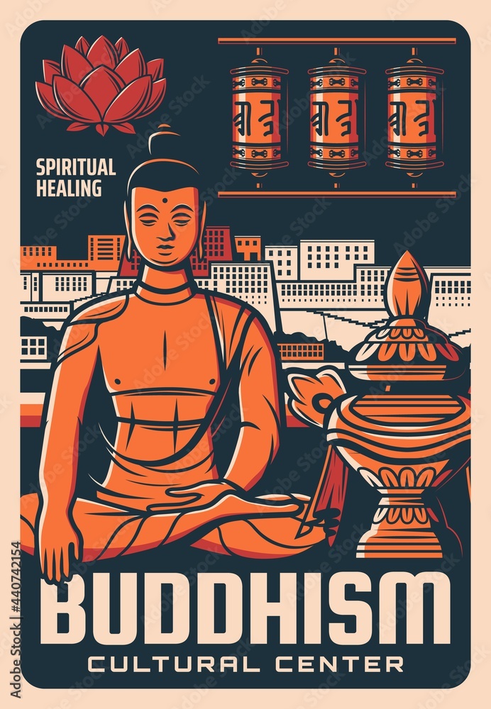 Buddhism religion cultural center poster. Meditating Buddha, Potala ...