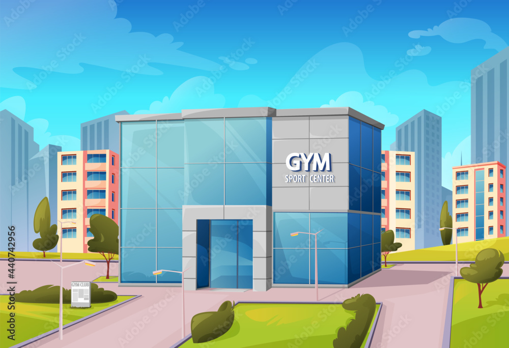 Sport center gym building on city street, fitness or bodybuilding club ...