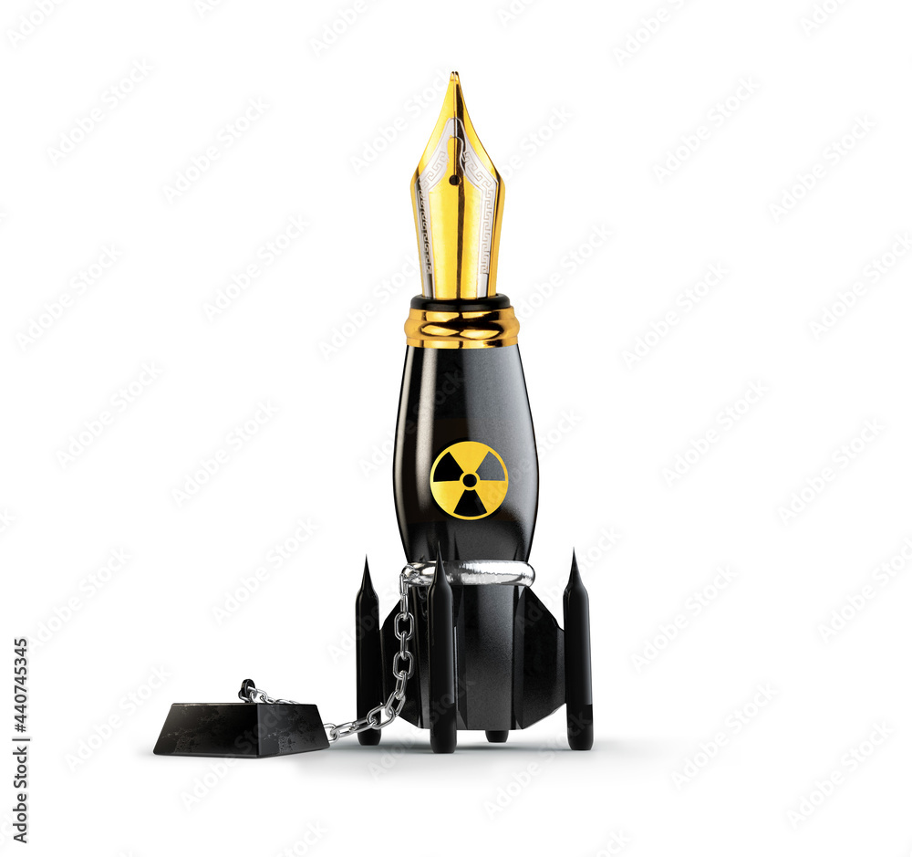 Nuclear missile cap. Nuclear missile header symbolized with pencil. Atomic nuclear bomb. 3D ...