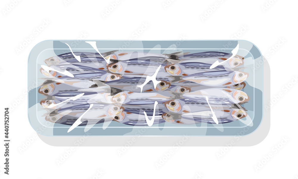 Cartoon set of small fish sprat frozen in plastic tray, fresh marine ...