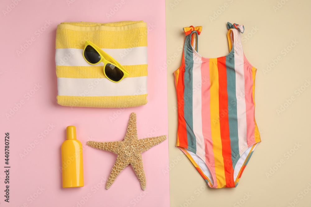 Flat lay composition with beach objects on color background Stock Photo ...