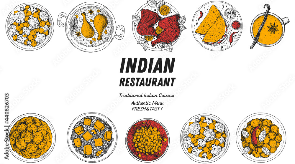 Indian food illustration. Hand drawn sketch. Indian cuisine. Vector ...