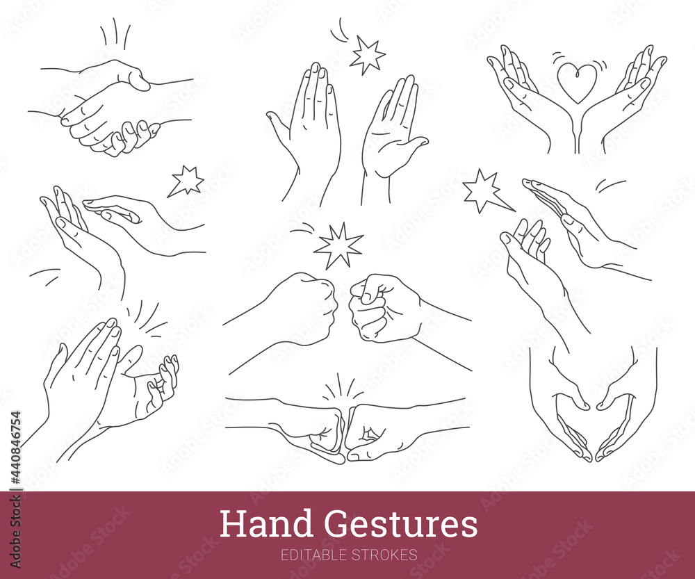 Hand gestures thin line icons set. Handshake, applause, fist bump, high ...