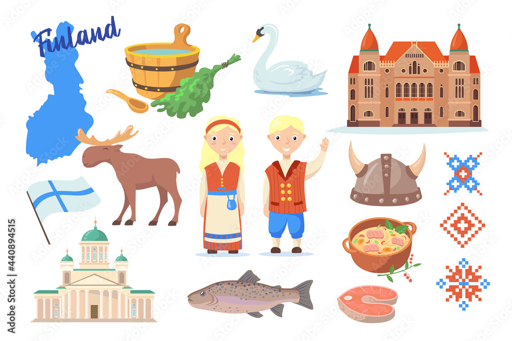 Traditional symbols of Finland cartoon vector illustration. Finnish map ...