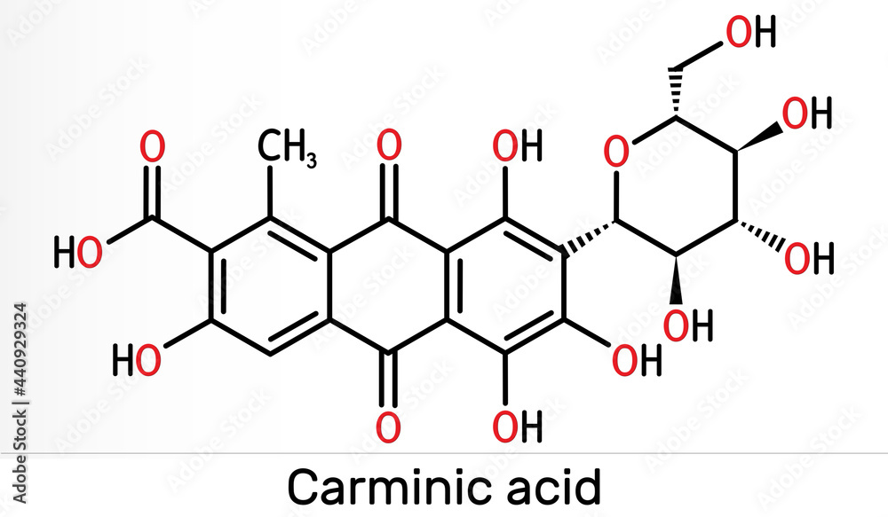 Carminic acid molecule. It is сoloring matter, red glucosidal ...