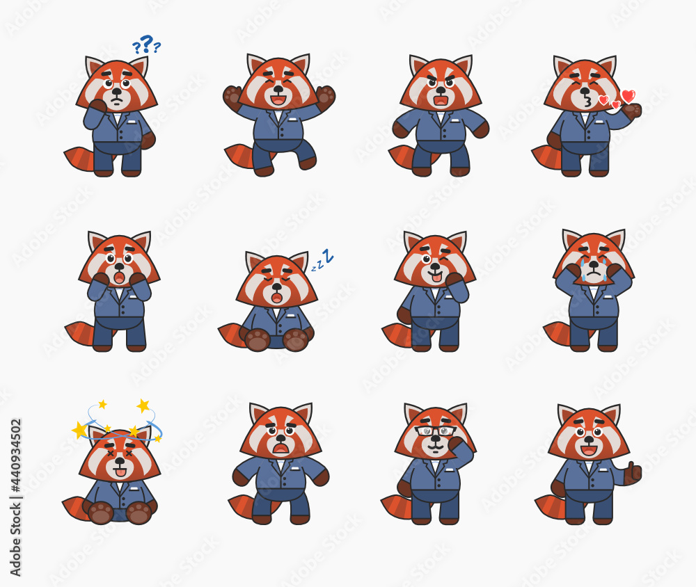 Set of red panda mascots in business suit showing various emotions ...