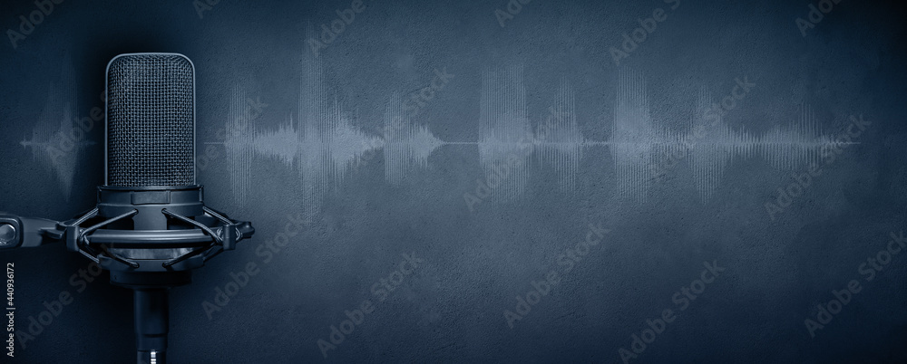 Podcast background with studio microphone and waveform on dark blue ...