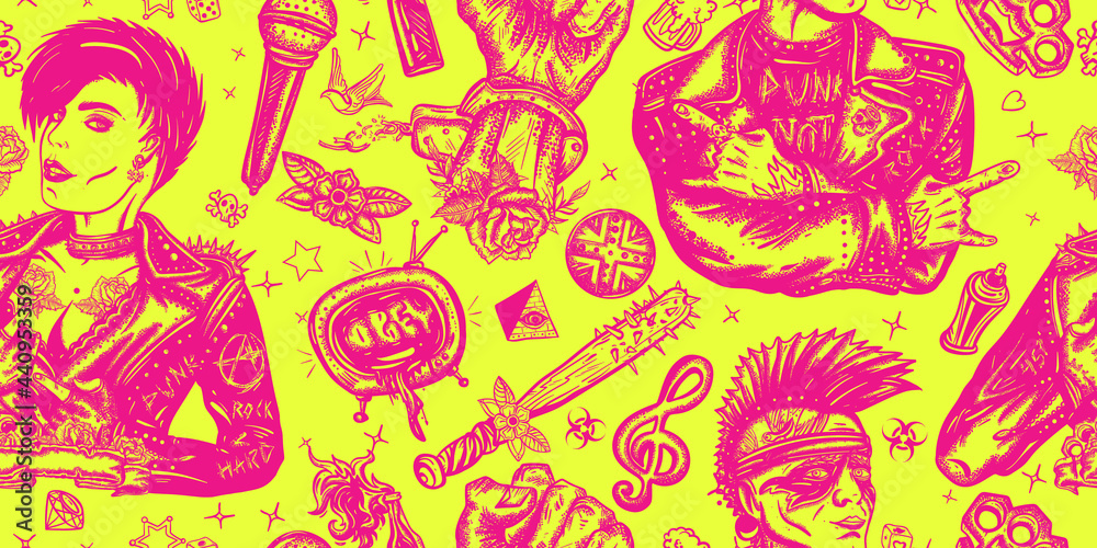 Punk lifestyle. Seamless pattern. Punker with mohawk, electric guitar ...