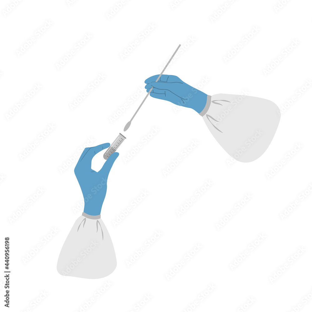 PCR test. Hands in medical gloves hold test tube with sample. Nasal ...
