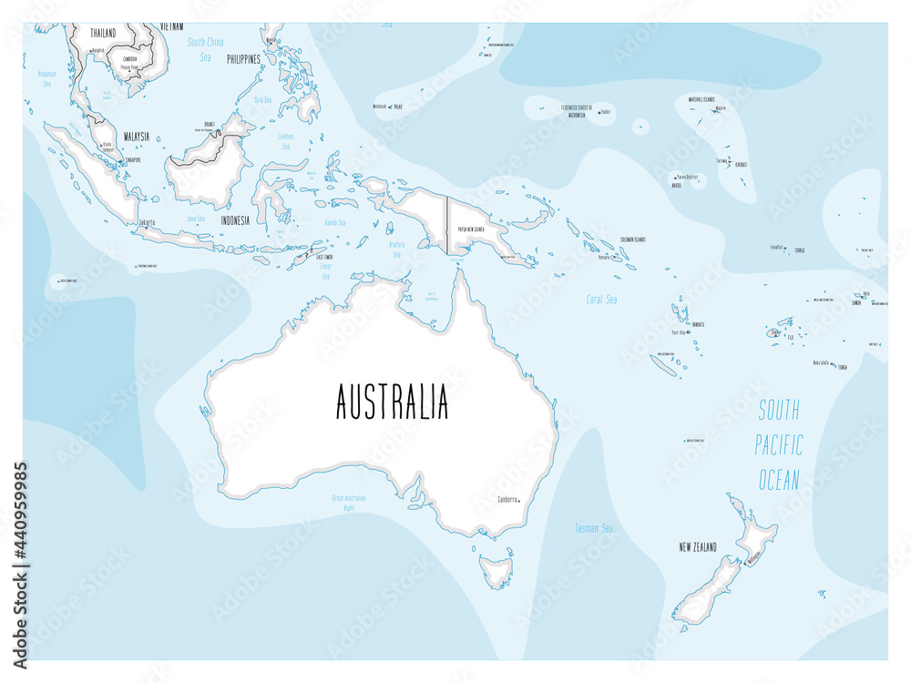 Vector de Stock Political map of Australia and Oceania. Black outline ...