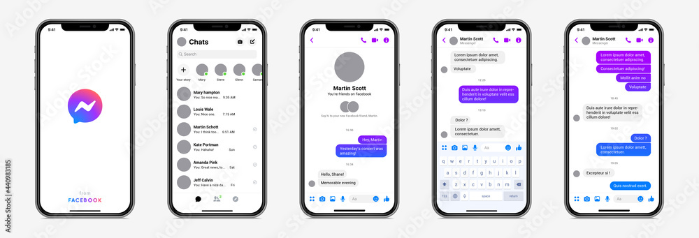 Messenger from Facebook template on smartphone device vector set ...