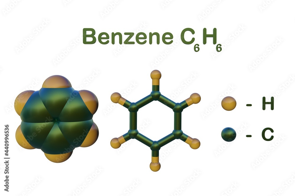Structural chemical formula and molecular model of benzene, a colorless ...
