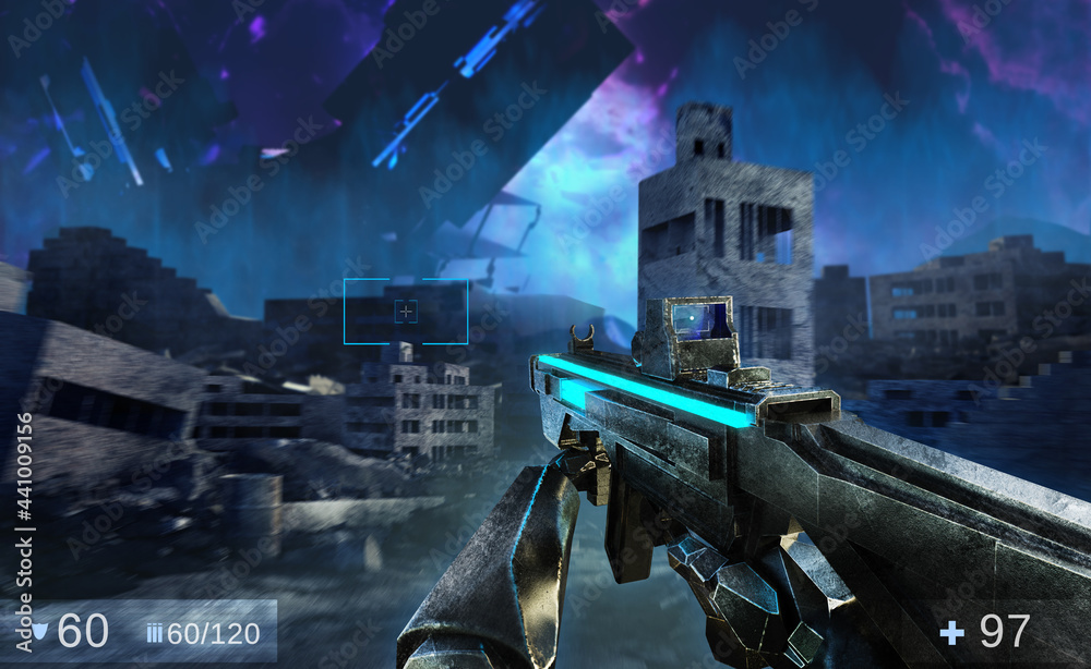 3d render illustration of sci-fi first person shooter game with soldier ...