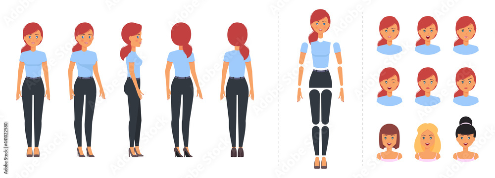 Cartoon character creation set. Young woman in casual look for ...