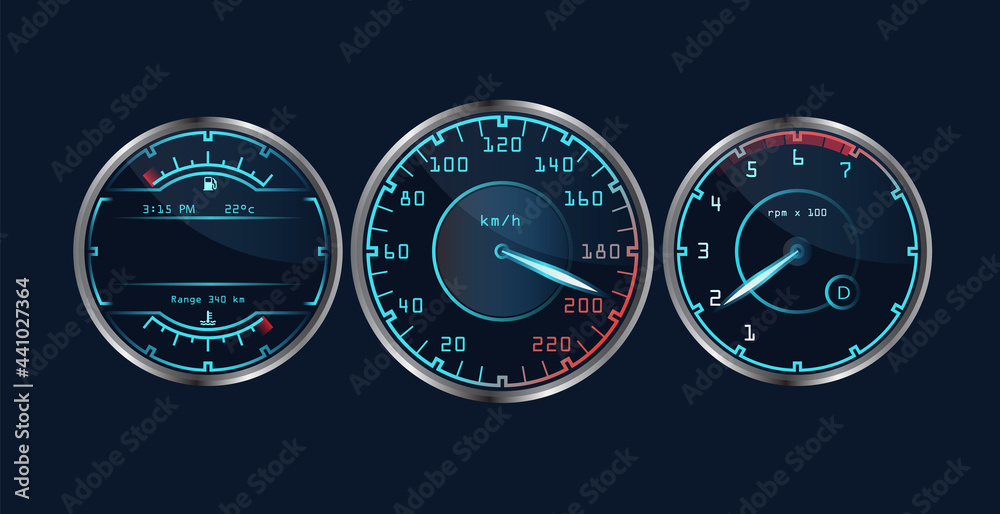 Set of dashboard speedometers. Realistic sensor panel with arrows ...