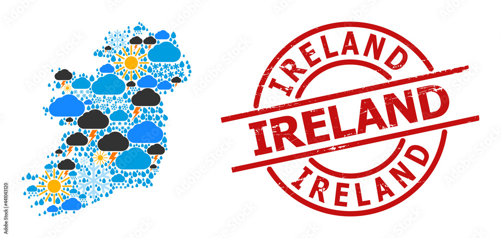 Climate collage map of Ireland Island, and rubber red round stamp ...