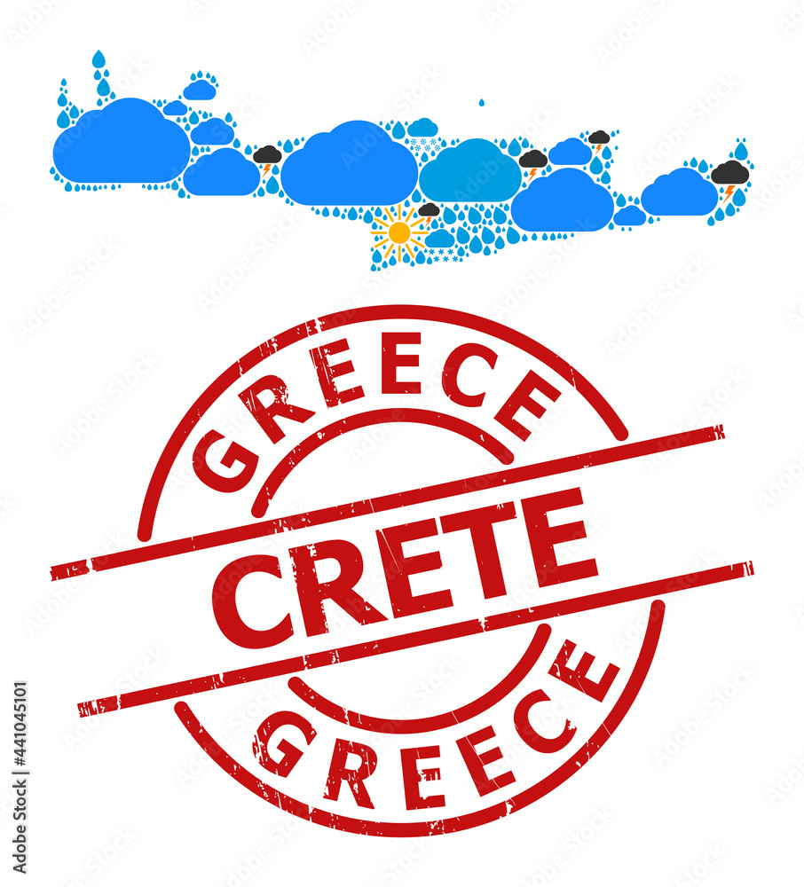 Climate collage map of Crete Island, and grunge red round stamp seal ...