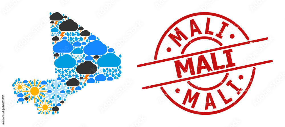 Climate mosaic map of Mali, and rubber red round stamp seal. Geographic ...