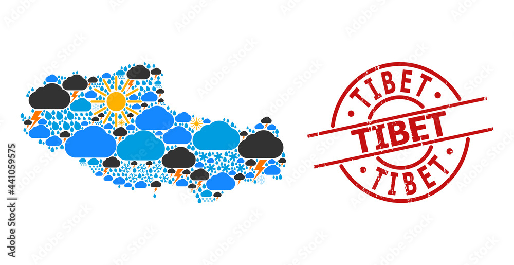 Climate mosaic map of Tibet, and rubber red round stamp seal ...