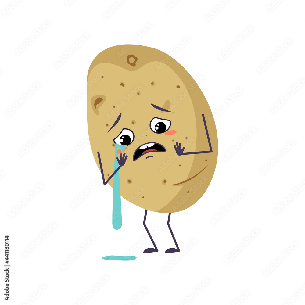 Cute potato character with crying and tears emotions, face, arms and ...