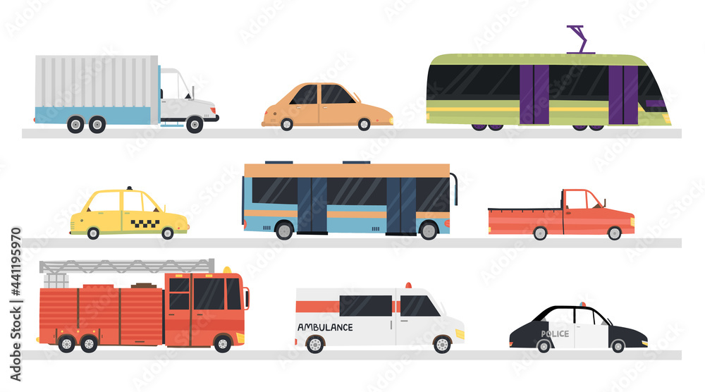 Collection set of flat hand drawn city transport isolated on white ...