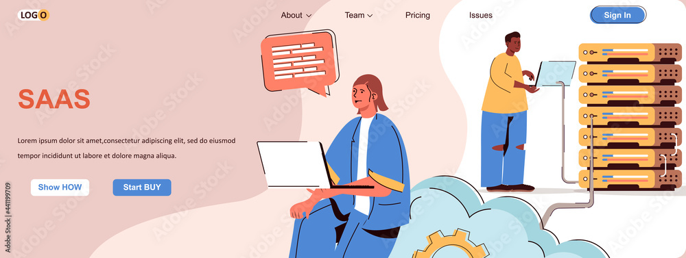 SaaS web concept. Use of programs and software by subscription, cloud ...
