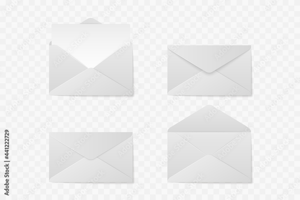 Realistic blank paper envelopes. Open closed white letter mockup set ...