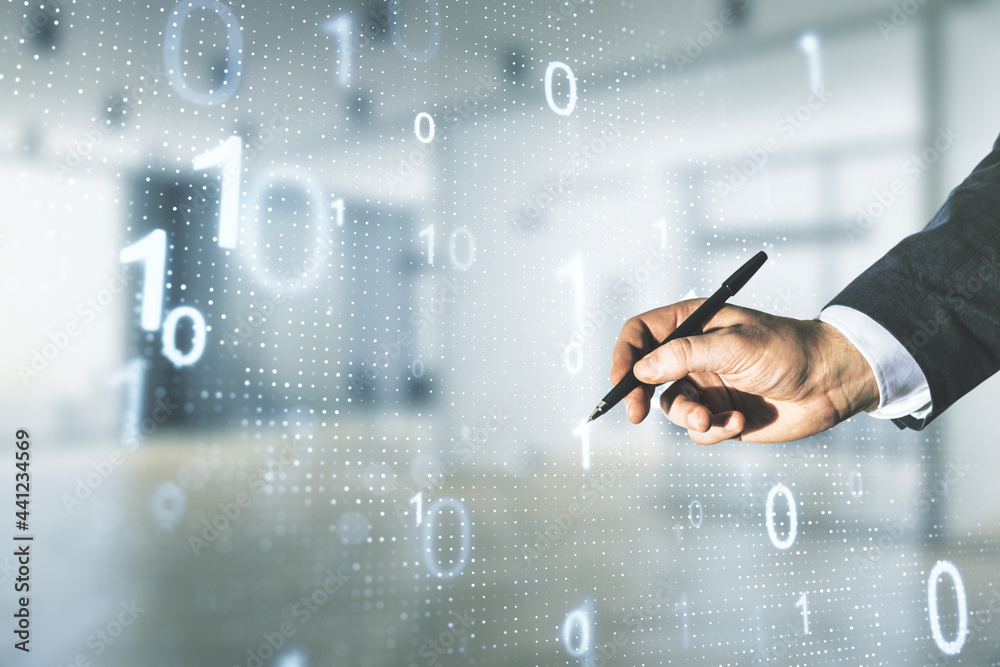Double exposure of male hand with pen working with abstract virtual binary code hologram on ...